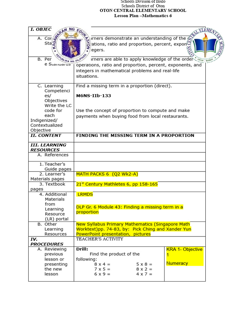 Finding Missing Terms in Proportions | PDF | Teachers | Learning