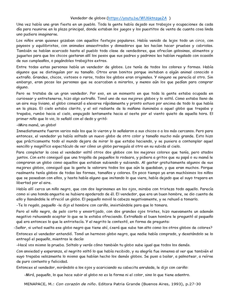 Vendedor de Globos Cuento M. MENAPACE | PDF