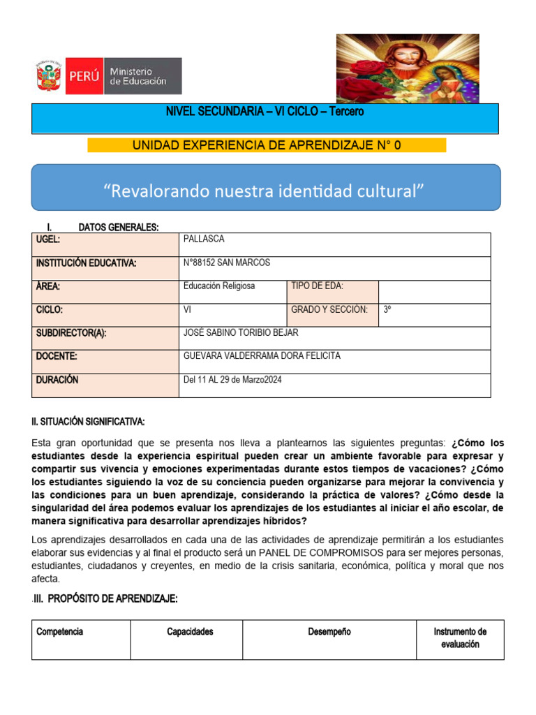 3ro-Unidad de Experiencia de Aprendizaje #0-Nivel Secundaria-2024 | PDF | Aprendizaje | Fe