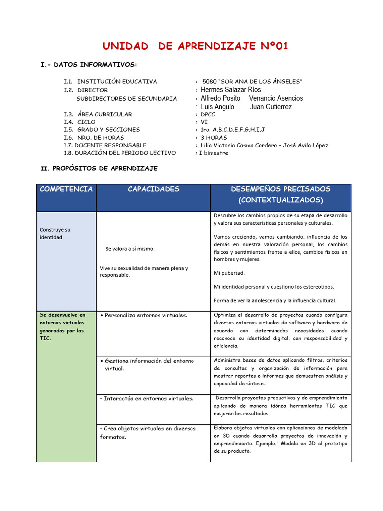 UNIDAD Nº01 DPCC 1ro_2024 | PDF | Aprendizaje | Evaluación