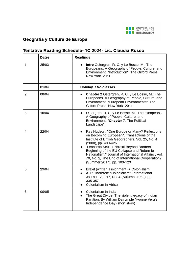 Tentative Reading Schedule - Geography and Culture of Europe | PDF ...