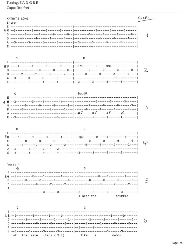Kathy's Song - Guitar Tab | PDF