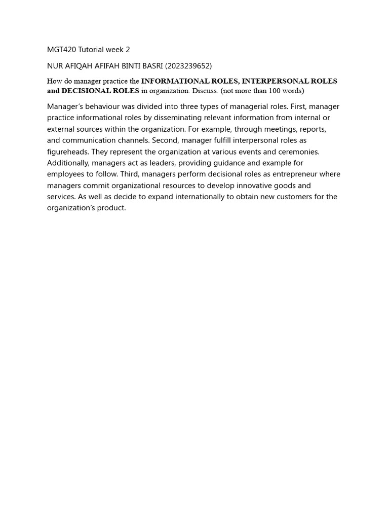 MGT420 Tutorial Week 2 | PDF | Self-Improvement