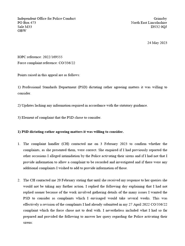 IOPC Appeal Ref 2022 - 169555 Redact | PDF | Police | Complaint
