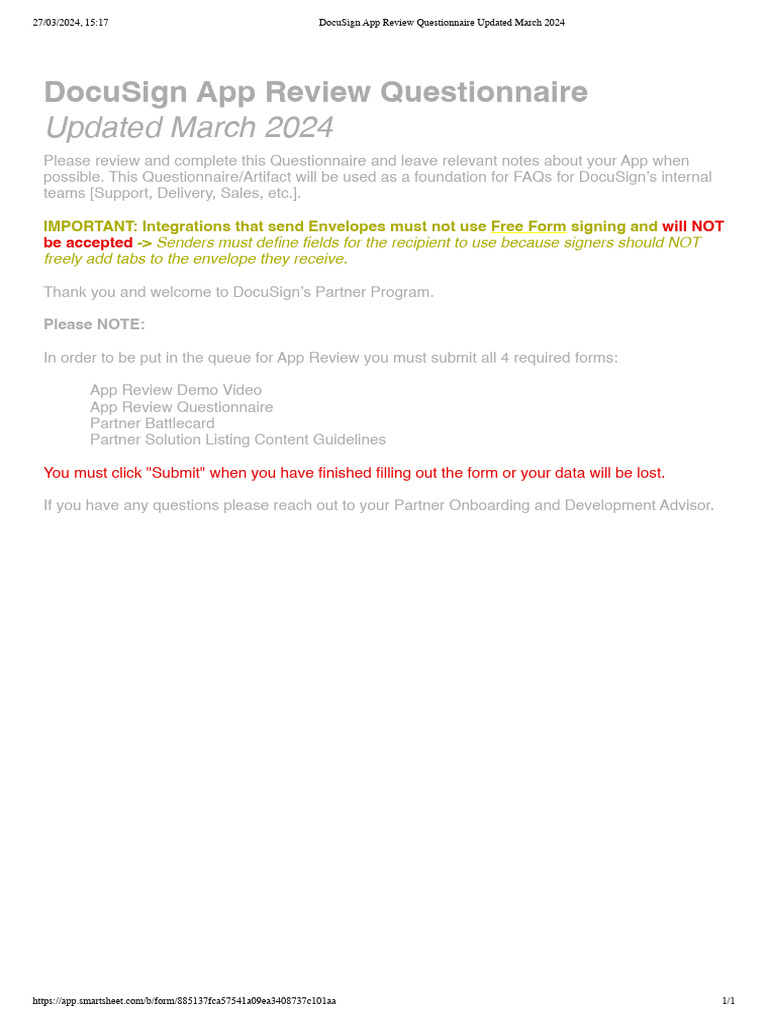 DocuSign App Review Questionnaire main page | PDF