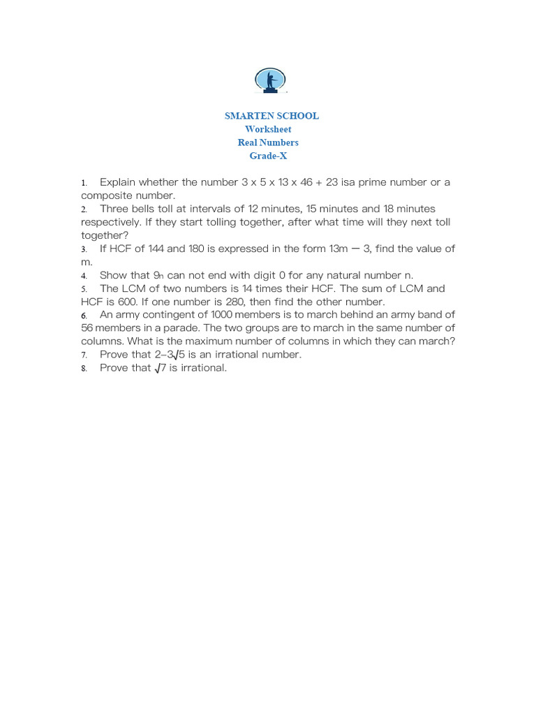 Grade X Real Numbers Worksheet | PDF