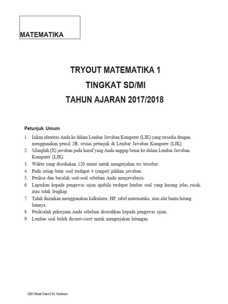 Tryout MTK 1 | PDF | Metode & Bahan Ajar