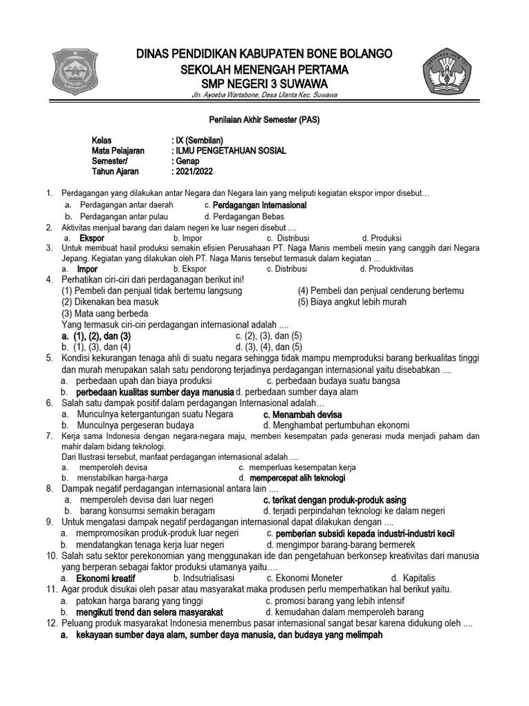 KUNCI JAWABAN SOAL SMS KELAS IX GENAP (Recovered) 1 | PDF