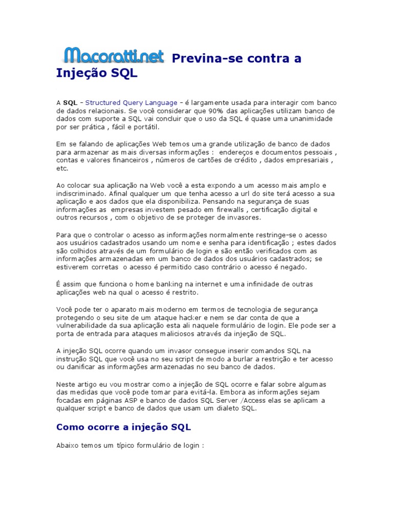 Prevenção de Injeção SQL em Aplicações | PDF | SQL | Bancos de dados