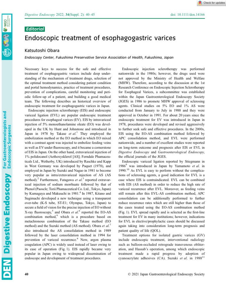 Digestive Endoscopy - 2021 - Obara - Endoscopic Treatment of ...