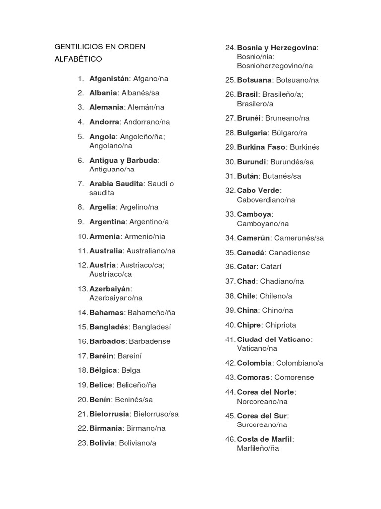 Gentilicios en Orden Alfabético 5to Año | PDF | Idiomas | Estudios de ...