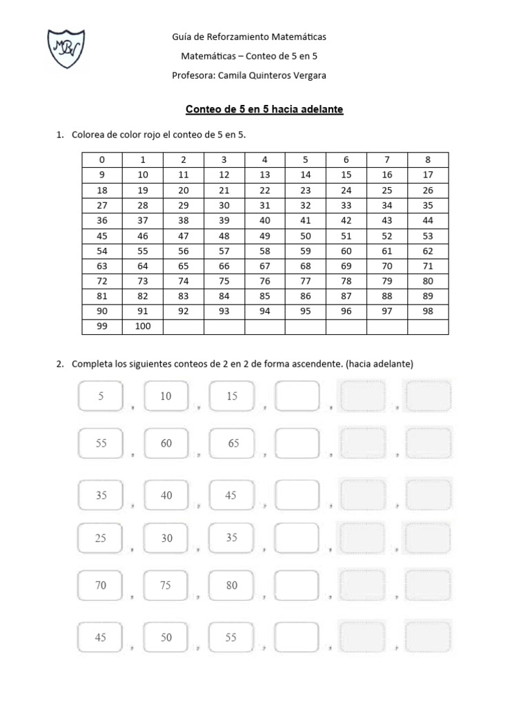 Guia Conteo de 5 en 5 hacia adelante | PDF