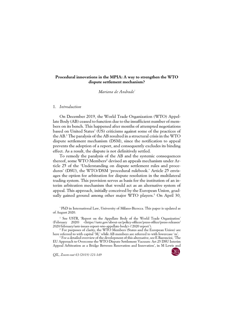 Procedural Innovations in The MPIA - A Way To Strengthen The WTO ...