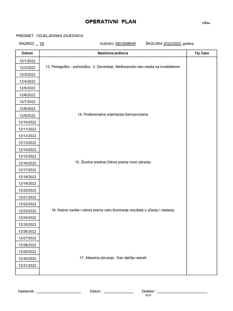 operativni plan VI - decembar ODJELJENSKA | PDF