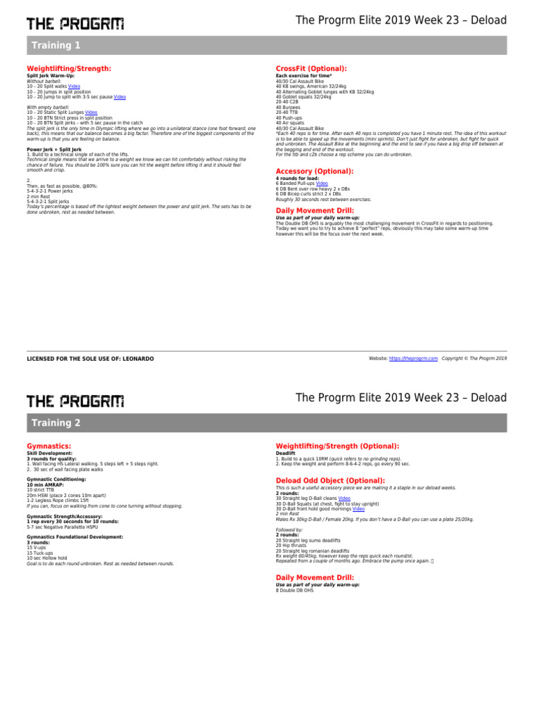 #23 The Progrm Elite 2019 Week 23 – Deload For LEONARDO | PDF | Strength Training | Weight Training