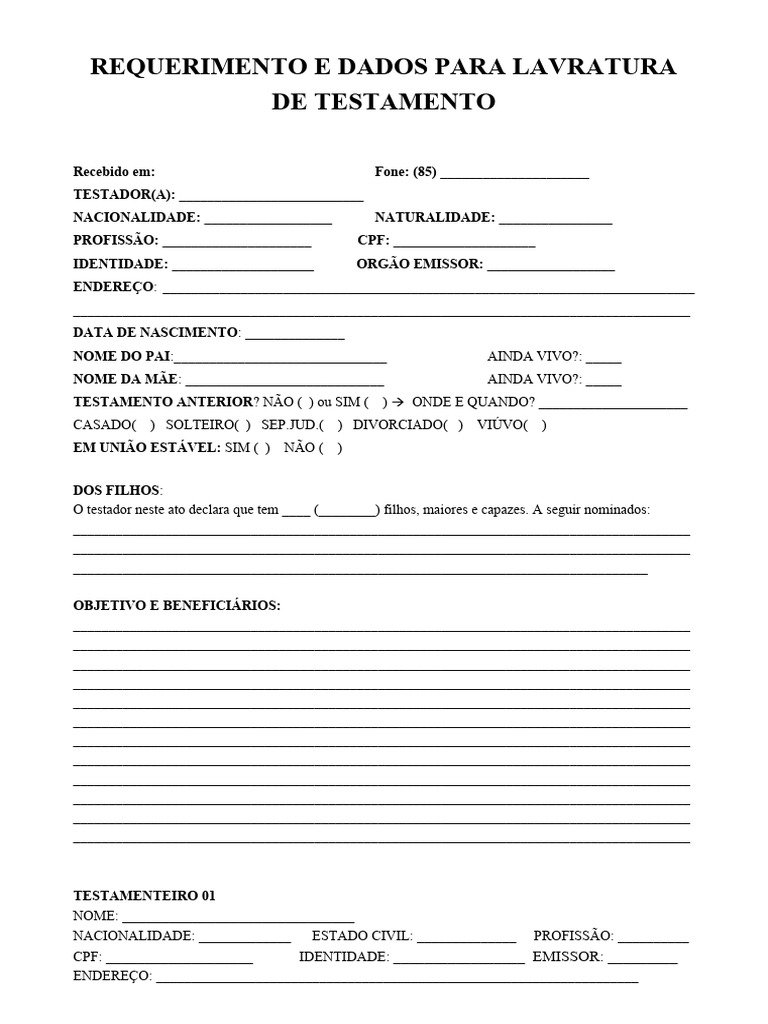 Formulario de Testamento - Modelo | PDF | Aspectos jurídicos da morte ...