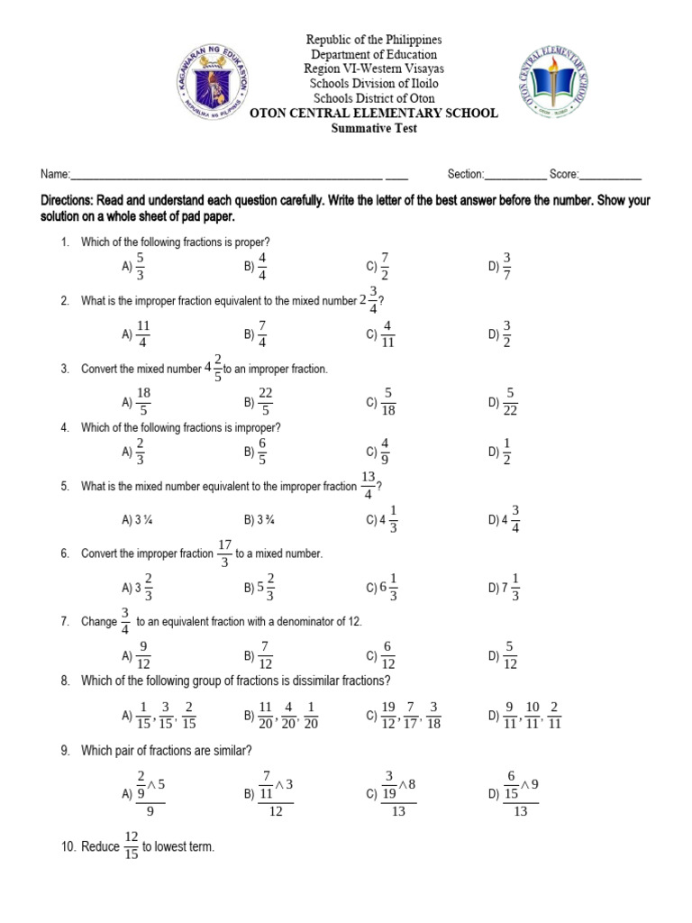Summative Test-Quarter 2. Fraction - Orange and Brown | Download Free ...