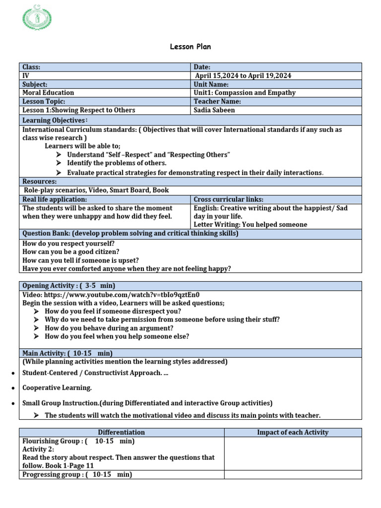 Moral Education Lesson Plan: Respect | PDF | Learning | Lesson Plan