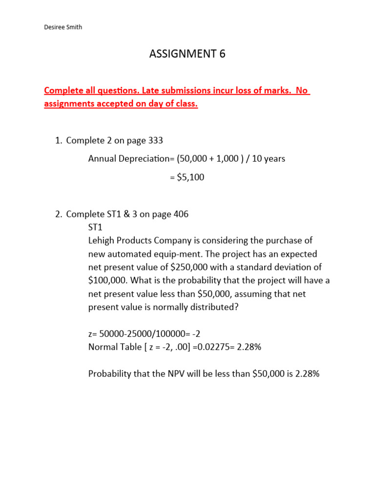 Desiree Smith - Assignment 6 2 | PDF | Net Present Value | Statistical Theory