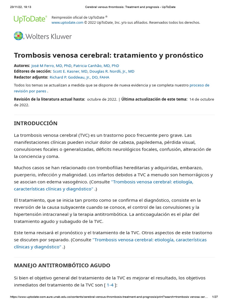 Cerebral Venous Thrombosis Treatment And Prognosis Uptodate Pdf