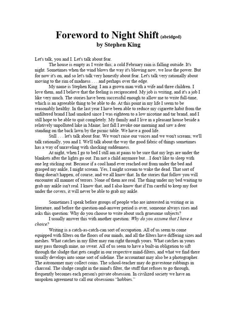 Foreword To Night Shift by Stephen King La 7 Edit | PDF