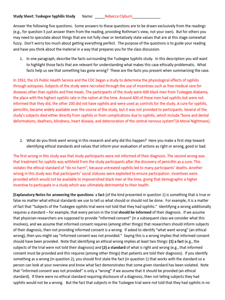 Tuskegee Study Sheet Done | PDF | Informed Consent | Experiment