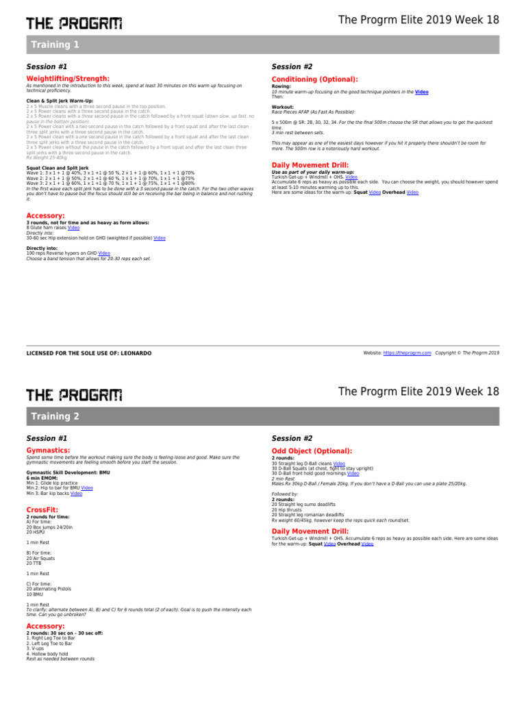 #18 The Progrm Elite 2019 Week 18 For LEONARDO | PDF | Strength Training | Weight Training