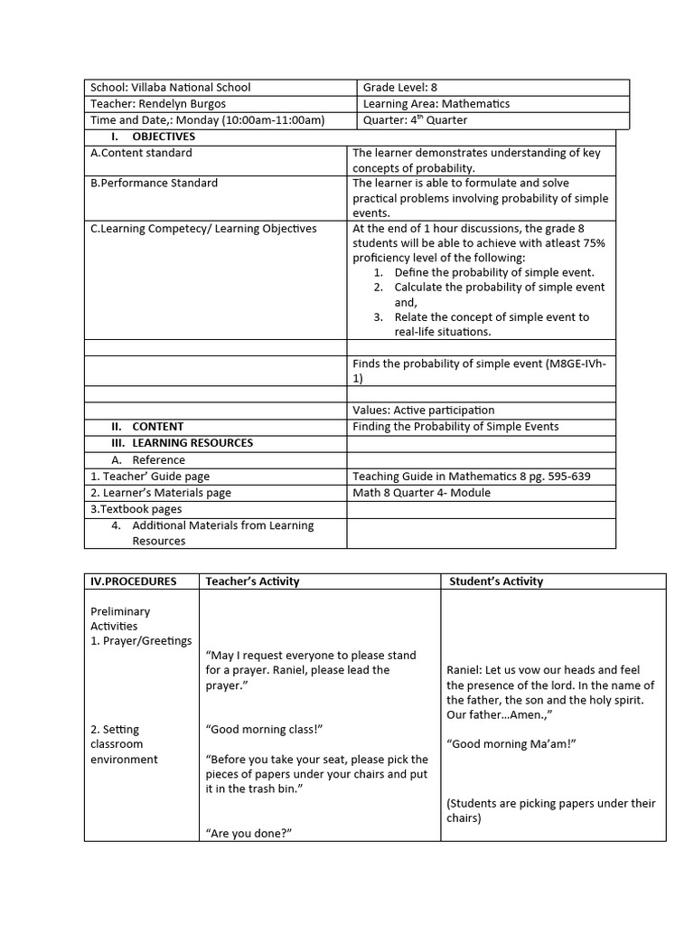 7es Lesson Plan Math84th | PDF | Probability | Odds