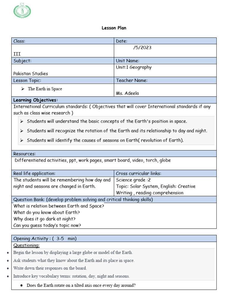 Pak SST Grade3 Lesson Plan | PDF | Earth | Rotation