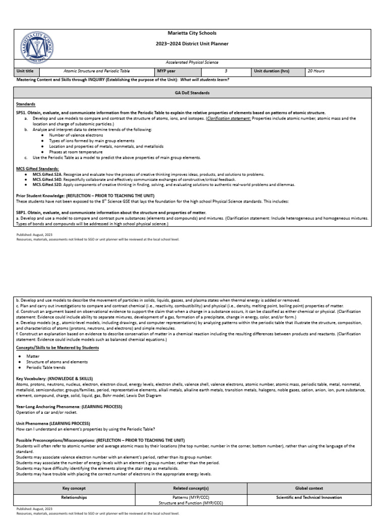 MCS MYP Science AC Physical Science Unit 2 Planner | PDF | Chemistry ...