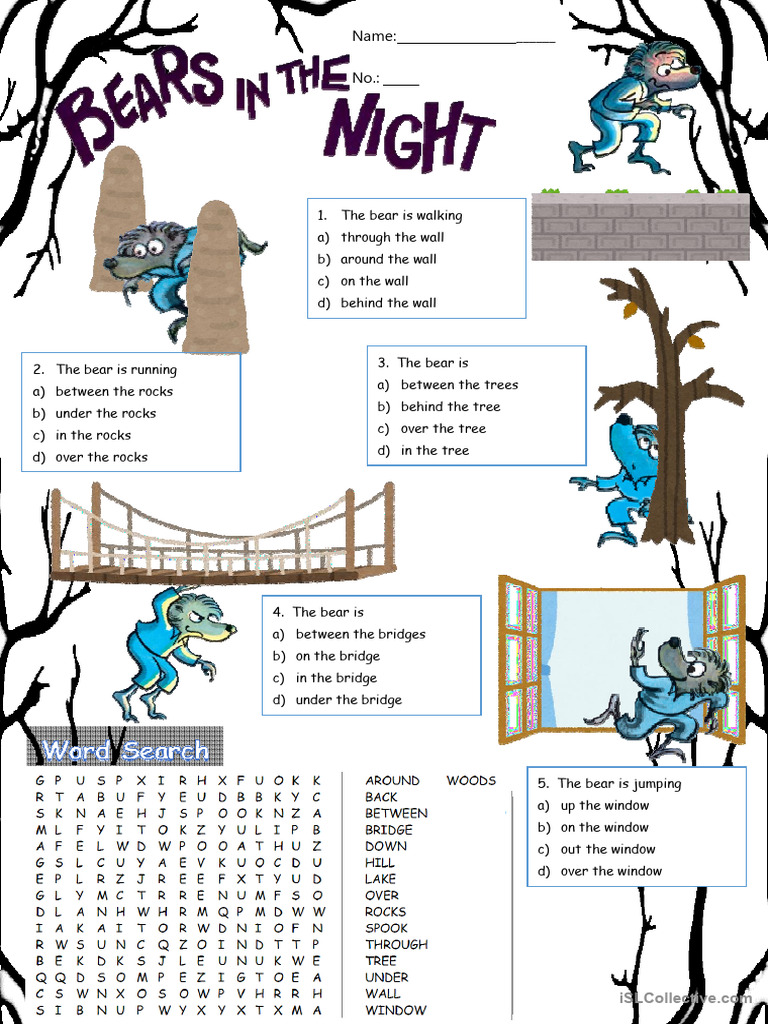Bears in The Night - Prepositions - Word Search - Tracing Activity | PDF
