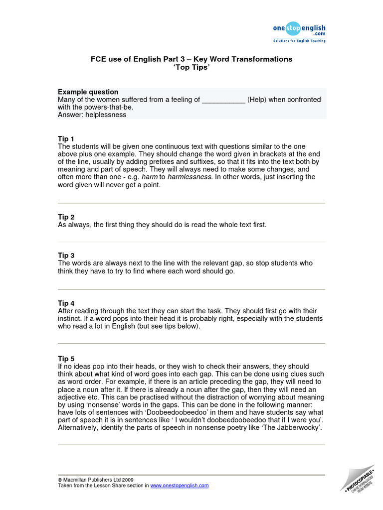 FCE Key Word Transformations Tips | PDF | Word | Part Of Speech