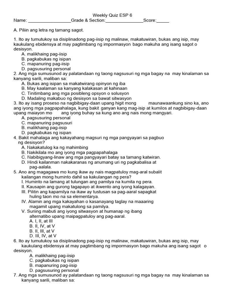 LONG-QUIZ-ESP-First-Quarter | PDF