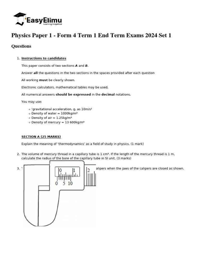 Physics Paper 1 - Form 4 Term 1 End Term Exams 2024 Set 1-271 | PDF ...