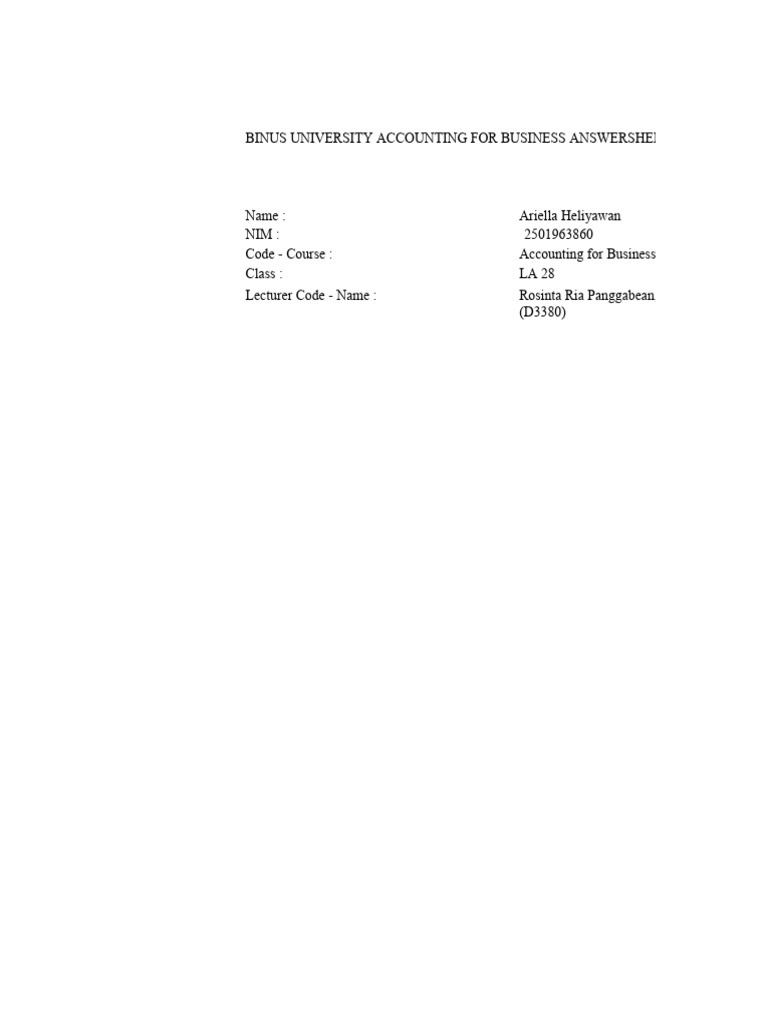 BINUS University Answer Sheet Accounting - Ariella Heliyawan | PDF