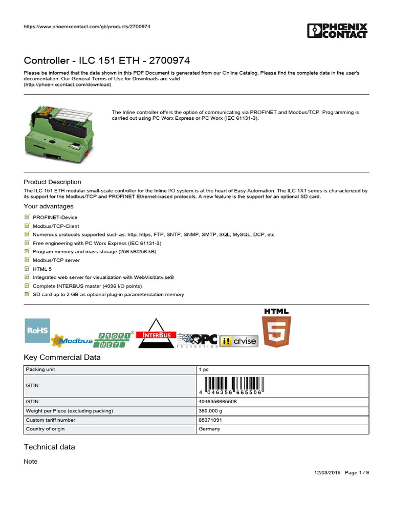 Controller - ILC 151 ETH - 2700974: Product Description Your Advantages ...