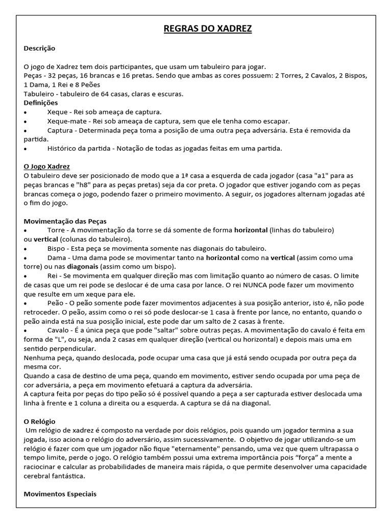 Regras Do Xadrez | PDF | Xadrez | Jogos de tabuleiro tradicionais