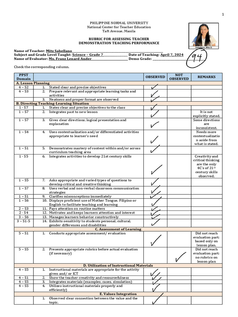 E2 Sabellano Demo Rubric | PDF | Learning | Teachers