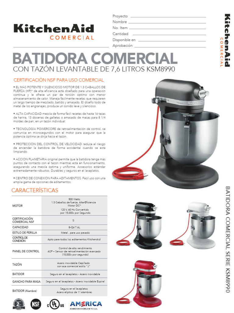 Ficha-Batidora KitchenAid-KSM8990 | PDF | Caballo de fuerza | Ingeniería mecánica