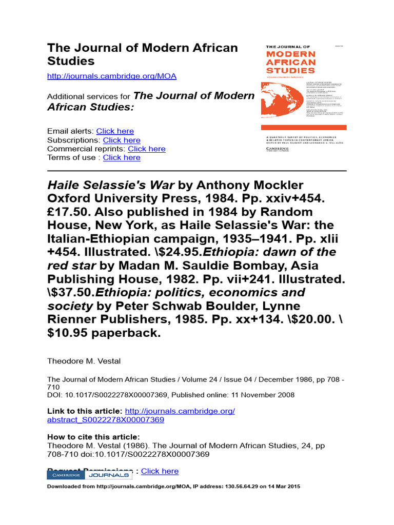 Haile Selassie's War by Anthony Mockler: The Journal of Modern African ...
