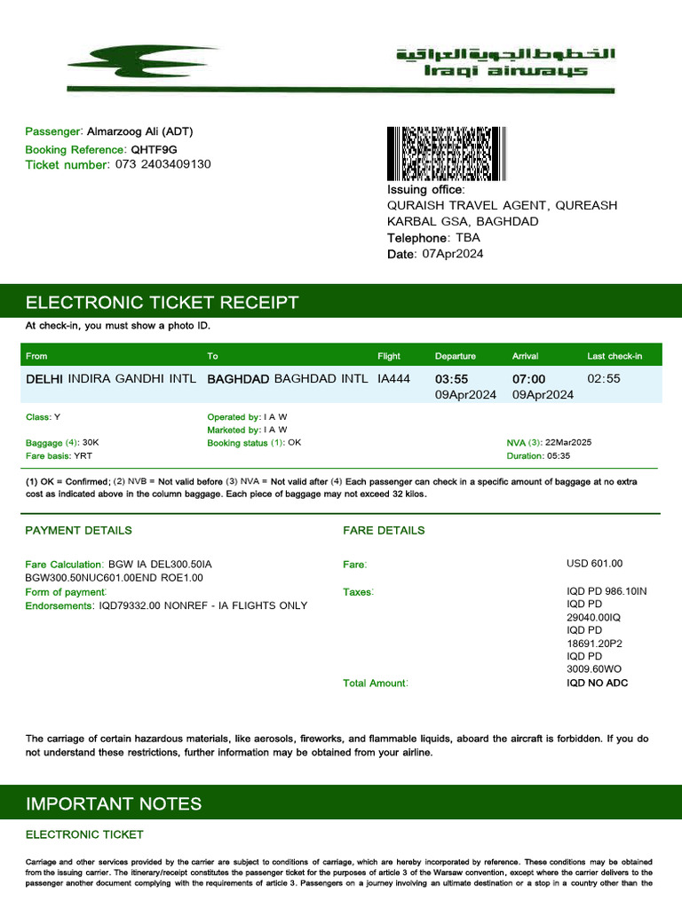Iraqi Airways Flight IA444 Itinerary | PDF