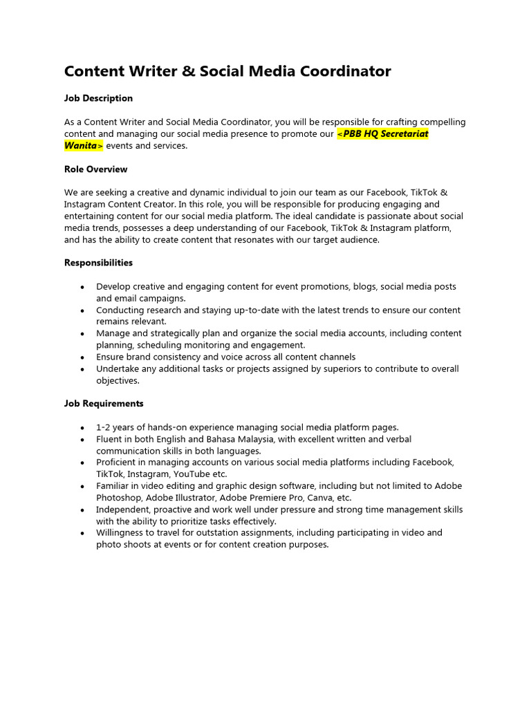 Content Writer Job Description | PDF | Social Media | Popular Culture ...