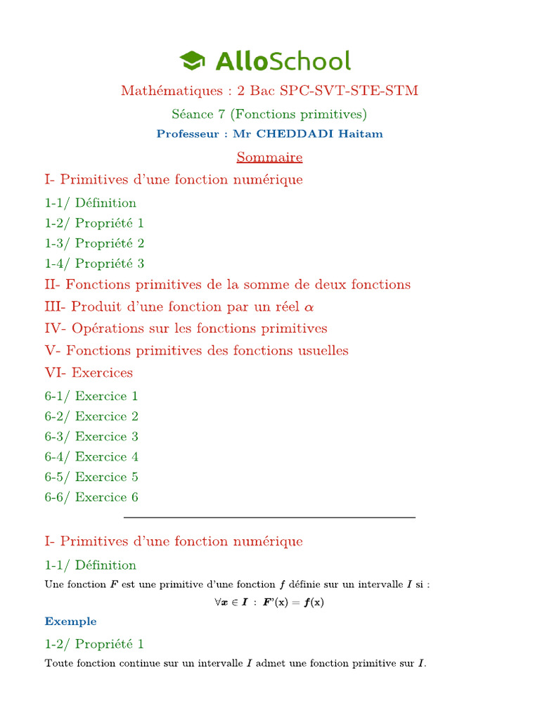Seance 7 Fonctions Primitives 1 | PDF