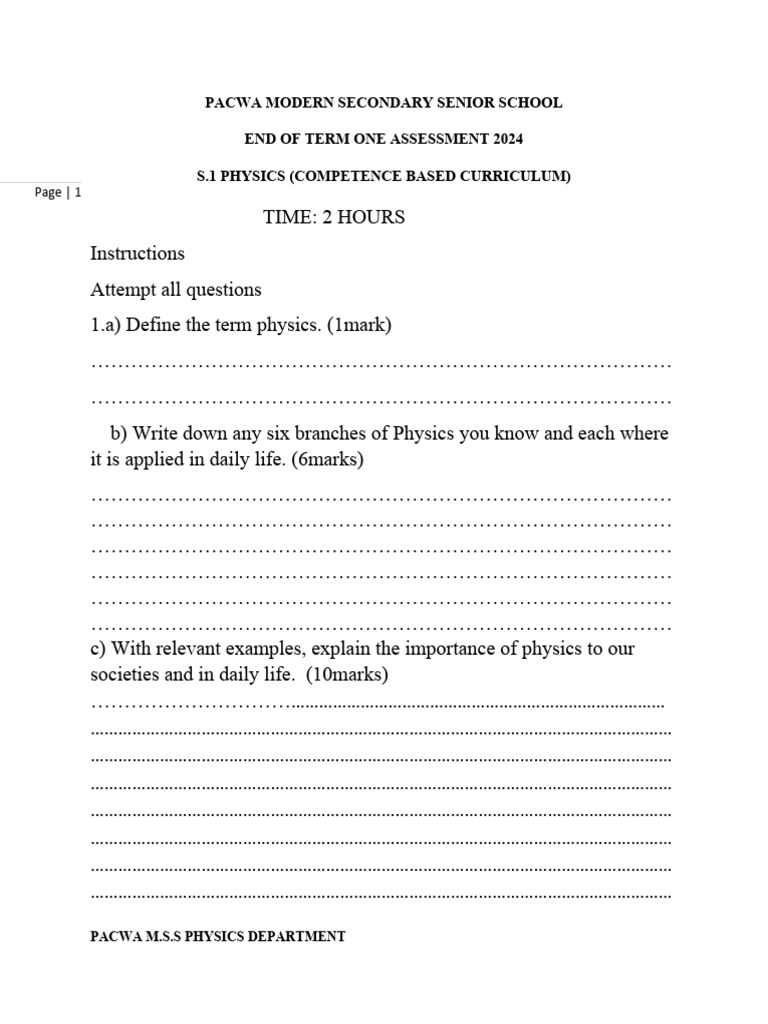 S1 Physics Term One Assessment 2024 | PDF | Learning | Cognition
