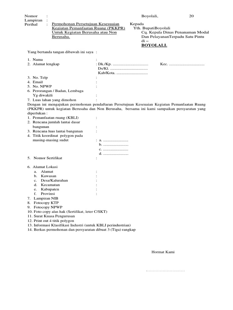 Blangko Permohonan PKKPR | PDF