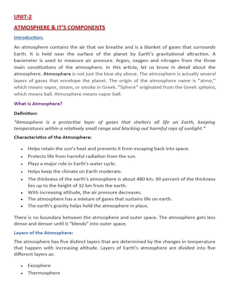 UNIT-2 (Atmosphere& Its Components) | PDF | Atmosphere Of Earth ...