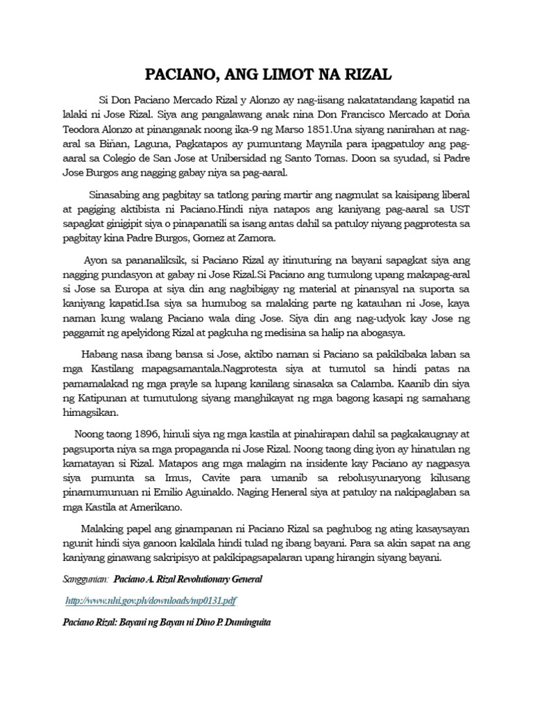 PACIANO Ang Limot Na Rizal Talambuhay 1 | PDF