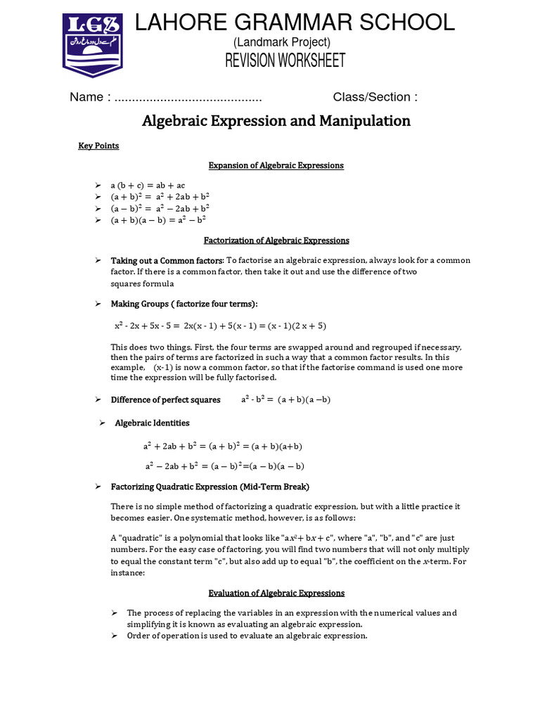 Algebric Expression and Manipulation | PDF | Equations | Quadratic Equation Algebric Expression and Manipulation | PDF | Equations | Quadratic Equation