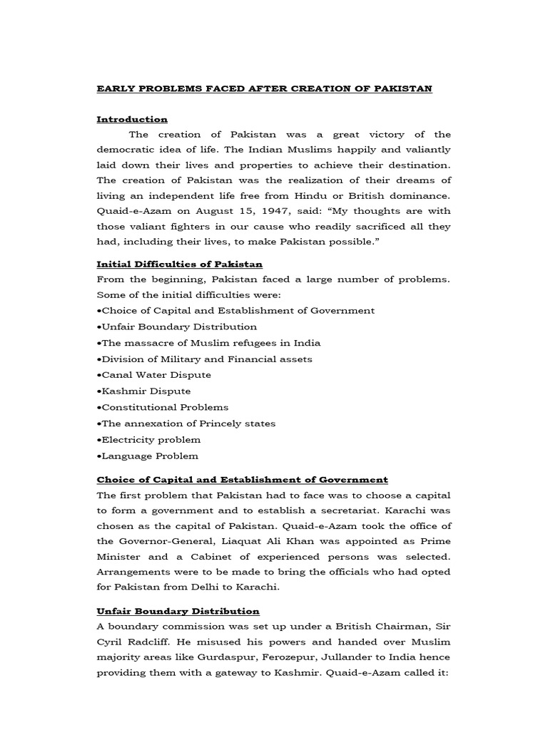 Early Problems of Pakistan | PDF | Pakistan | Muhammad Ali Jinnah