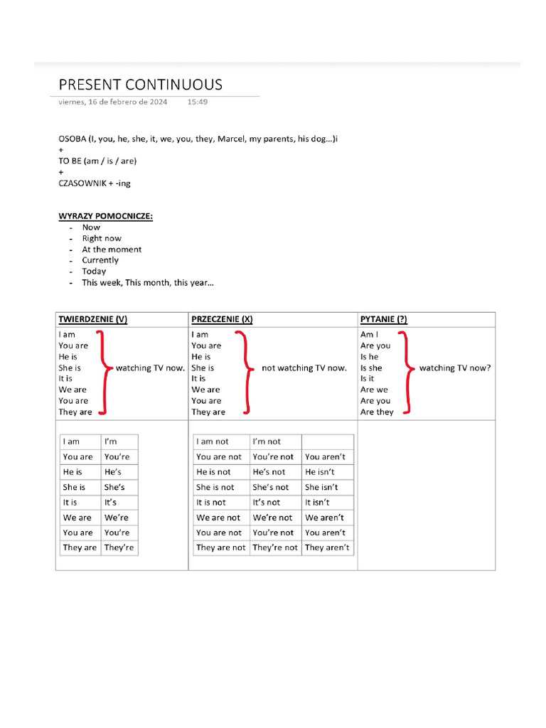 Present Continuous Notatka | PDF